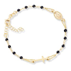 miabella 18k gold over 925 sterling silver italian natural black spinel rosary cross charm bead bracelet for women, adjustable link chain 6 to 8 inch handmade in italy (6" to 7")