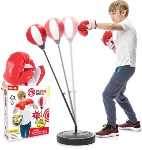 whoobli punching bag for kids incl boxing gloves | 3-10 years old adjustable kids punching bag with stand | boxing bag set toy for boys & girls (red white); new 2025