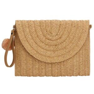 straw clutch,straw handbag clutch for women summer beach straw woven envelope purse wallet (dark khaki)