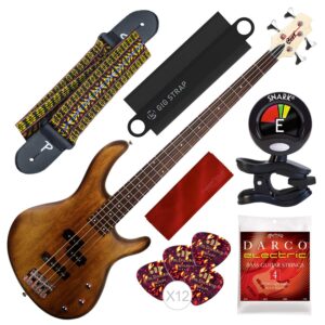 cort action pj series 4-string electric bass, open pore walnut with guitar strap, massaging shoulder strap attachment and bundle