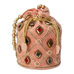 indian ethnic clutch silk potli batwa pouch bag with beadwork gift for women (peach)