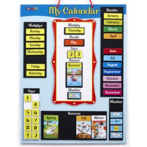 zazzykid magnetic calendar & weather chart for kids - preschool daily calendar learning for days of the week, months, weather & season blue