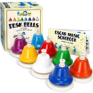 miniartis desk bells for kids | educational music toys for toddlers 8 notes colorful hand bells set | kids musical instrument with 15 songbook | great birthday gift for children