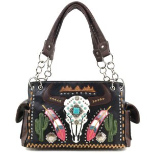 zelris longhorn skull embroidered feather cactus design women conceal carry ccw shoulder handbag purse (black)