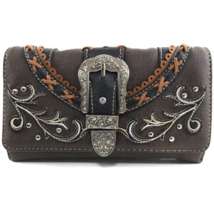 zelris western country floral buckle crossbody trifold wallet (brown)