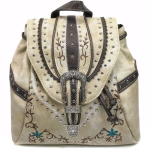 zelris western women buckle drawstring conceal carry mini backpack rucksack with floral embroidery (beige)