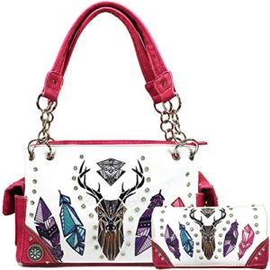 elk deer tribal feather embroidered conceal carry women shoulder handbag wallet set (pink)