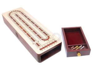 house of cribbage continuous cribbage board alphabet e shape inlaid in maple and bloodwood with storage drawer for pegs and cards - 3 tracks