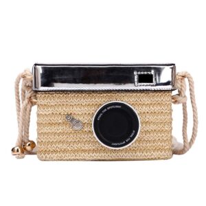 tendycoco crossbody bag camera shaped straw woven bag mini shoulder bag for women (khaki)