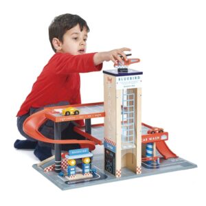 tender leaf toys - blue bird service station - classic wooden garage and service station for cars and helicopter with ramps, petrol pumps and car wash center - imaginary and roleplay for children 3+