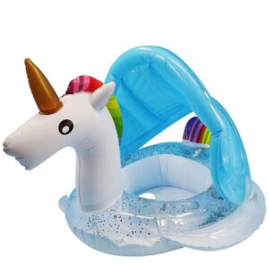 unicorn baby swimming pool float with canopy, glitters, seat & safety handle, 2024 summer baby floats for pool, inflatable baby floaties for 8-36 months toddler boy girl summer outdoor party favor