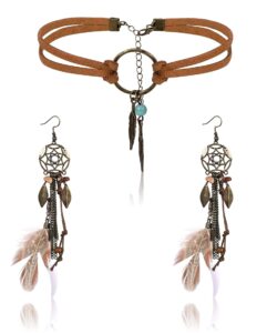 finrezio native american jewelry leather choker necklace earring set for women handmade bohemian dream catcher long faux feather drop dangle earrings retro necklace set