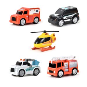 sunny days entertainment micro mini city vehicles – rescue toy car and truck set for kids | firetruck helicopter police ambulance | free wheeling with moving parts – maxx action