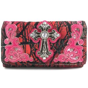 zelris camouflage shine glow silver cross women crossbody trifold wallet (hot pink)