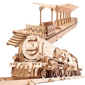 ugears bundle - v-express train & platform- steam 3d mechanical wooden models for self assembly, wooden box craft, vintage locomotive diy, automata kit gift, kinetic art