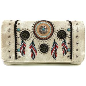 zelris tribal native dream catcher feather concho crossbody fold wallet (beige)