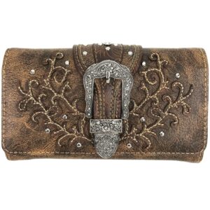 zelris western country floral buckle crossbody trifold fold wallet (brown)