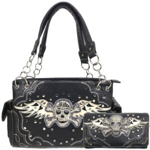 zelris skull crossbones angel wings heart women conceal carry handbag wallet set (black)