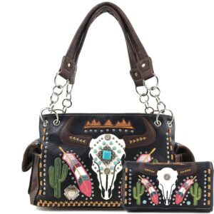 zelris longhorn skull embroidered feather cactus design women conceal carry ccw shoulder handbag purse with wallet set (black)