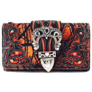 zelris camouflage shine glow silver buckle women crossbody trifold wallet (orange)