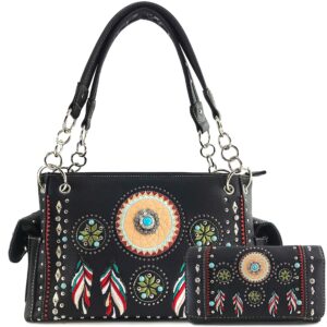 zelris tribal dream catcher feather embroidery ccw concealed carry western handbag and wallet set (black)