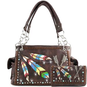 zelris colorful native tribal feathers conceal carry women handbag purse with wallet (brown)