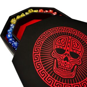 luck lab 8 inch dice tray with lid and dice staging area for table top gaming - red tribal skull design