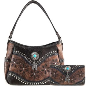 turquoise concho feather conceal carry hobo handbag crossbody wallet set brown