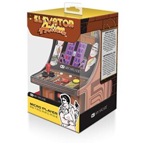 my arcade micro player mini arcade machine: elevator action video game, fully playable, 6.75 inch collectible, color display, speaker, volume buttons, headphone jack, battery or micro usb powered