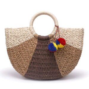 new large retro straw bag classic semi-circle transition color paper rope woven bag picture big