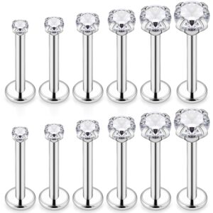 scerring 6 pairs 16g stainless steel 2-4.5mm prong setting clear cz internally threaded labret monroe lip tragus daith cartilage helix earring ring body piercing jewelry 8mm - silver