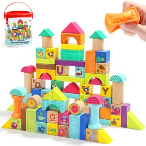 top bright wooden building blocks toddlers 1-3,baby blocks 12-18 months,toy blocks for 1 2 3 year old 80 piece