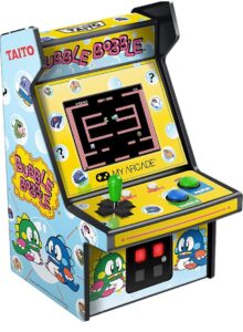 my arcade micro player mini arcade machine: bubble bobble video game, fully playable, 6.75 inch collectible, color display, speaker, volume buttons, headphone jack, battery or micro usb powered