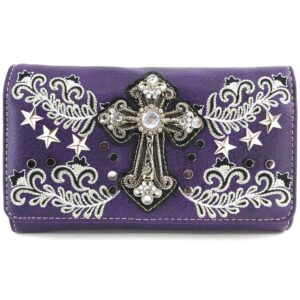 zelris western cross floral women crossbody wrist trifold wallet (purple)