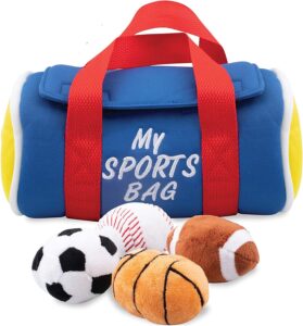 etna my sports bag, plush toy play set - toddler sensory toys with plush balls that make sports sounds and cheers -includes sports bag plush basketball plush baseball plush soccer ball plush football