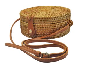 haan handwoven round rattan bag made in vietnam - natural stylish & chic – shoulder real leather adjustable strap