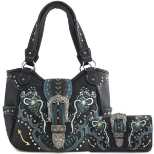 zelris floral poppy buckle western women conceal carry tote handbag purse set (black)