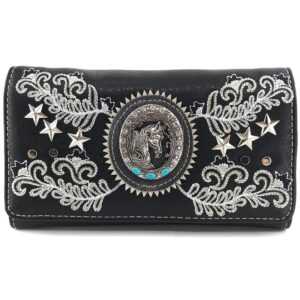 zelris western horse portrait star floral women crossbody wrist trifold wallet (black)