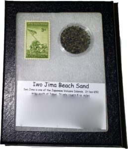 iwo jima beach sand and postage stamp - commemorative collection