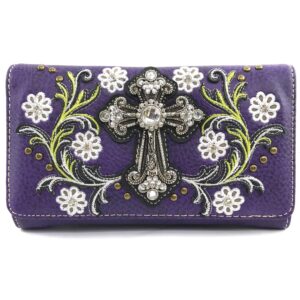 zelris western cross daisy flower women crossbody wrist trifold wallet (purple violet)