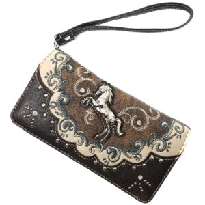 zelris western mustang horse turquoise women crossbody wrist trifold wallet (brown)