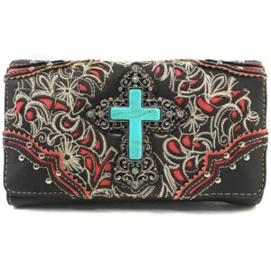 zelris design western country cross autumn floral crossbody trifold strap wallet (black)