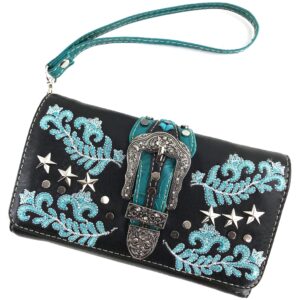 zelris western buckle star floral women crossbody wrist trifold wallet (turquoise)