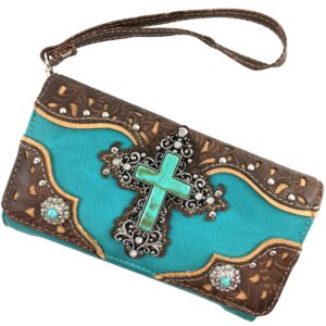 zelris turquoise rhinestone cross western women crossbody wrist trifold wallet (turquoise)