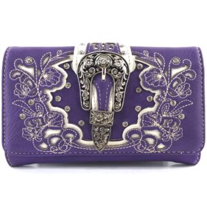 zelris western floral blossom buckle women crossbody wrist trifold wallet (purple)