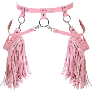 bydhss woman body harness adjustable dance clothing accessories leg waist tassel gothic punk belt (pink)