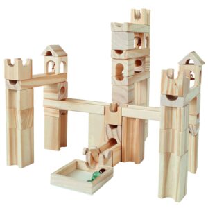 wooden marble run for kids ages 4-8, 65 pieces wood building blocks toys and construction play set, marble track maze game stem learning toys for boys girls (natural color blocks)