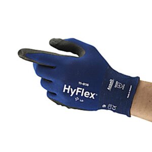 ansell 11816080 hyflex light duty multi-purpose industrial glove, foam nitrile coating, 18 gauge, knitwrist, black/blue, size 8 (pack of 144)