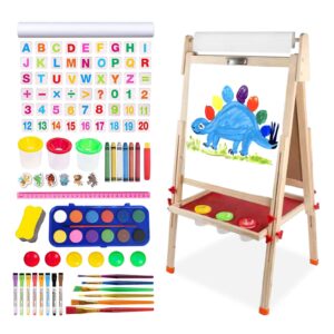 easel for kids including 100+ accessories - white board for kids and black board double sided adjustable wooden kids easel with 1 drawing paper roll wooden magnetic drawing board for kids