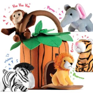 play22 6-piece plush talking jungle animals set with carrier for kids, babies & toddlers - elephant, tiger, lion, zebra, monkey